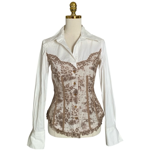 Cache | Tops | Cache Women Y2k White Longsleeve Floral Lace Corset ...